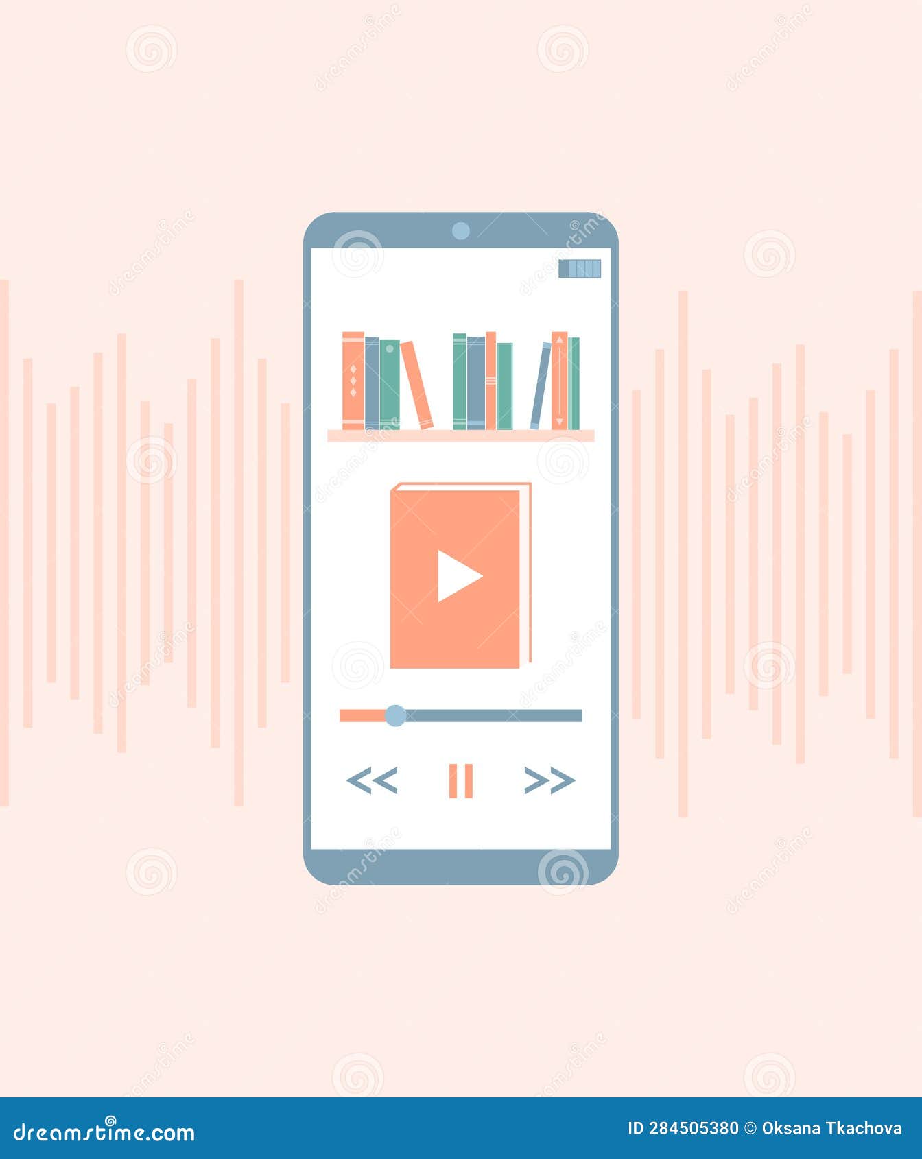 Smartphone with Audiobook App and Bookshelf on Screen. Vector ...