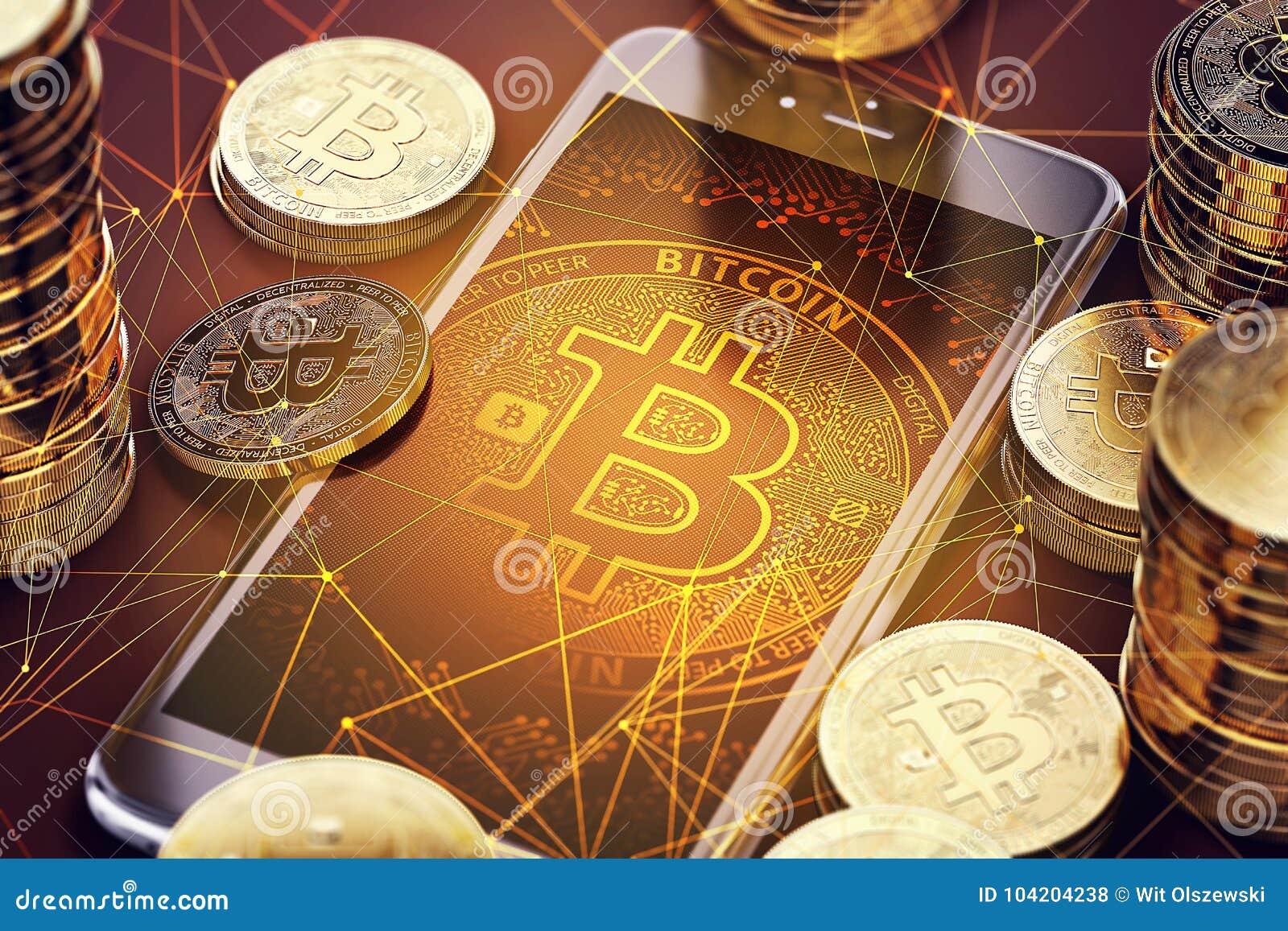 Vertical Smartphone with Bitcoin on-screen among Piles of Bitcoins ...