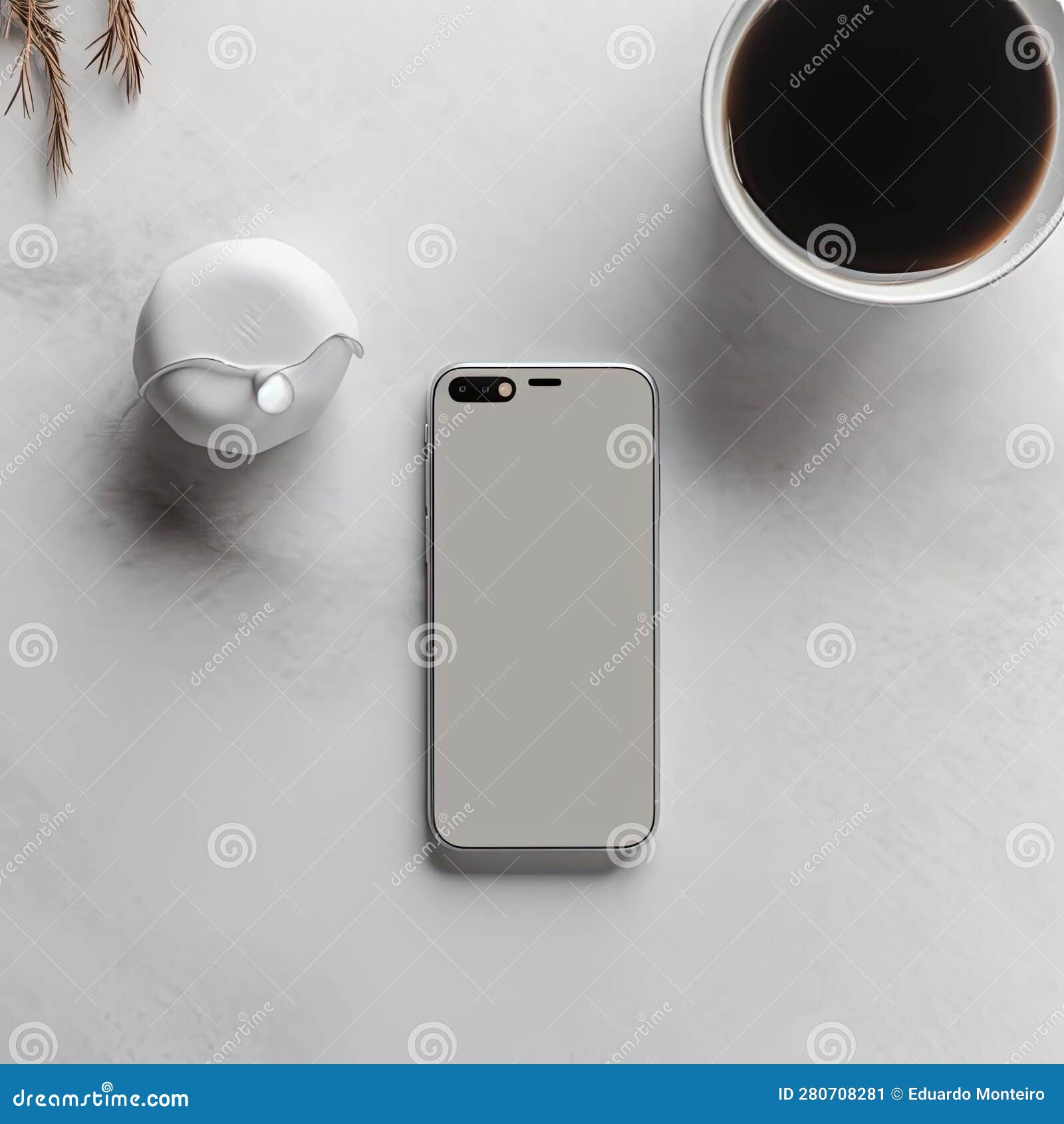 Smartphone with Blank Screen and Coffee Cuple Table - Top View, Flat ...