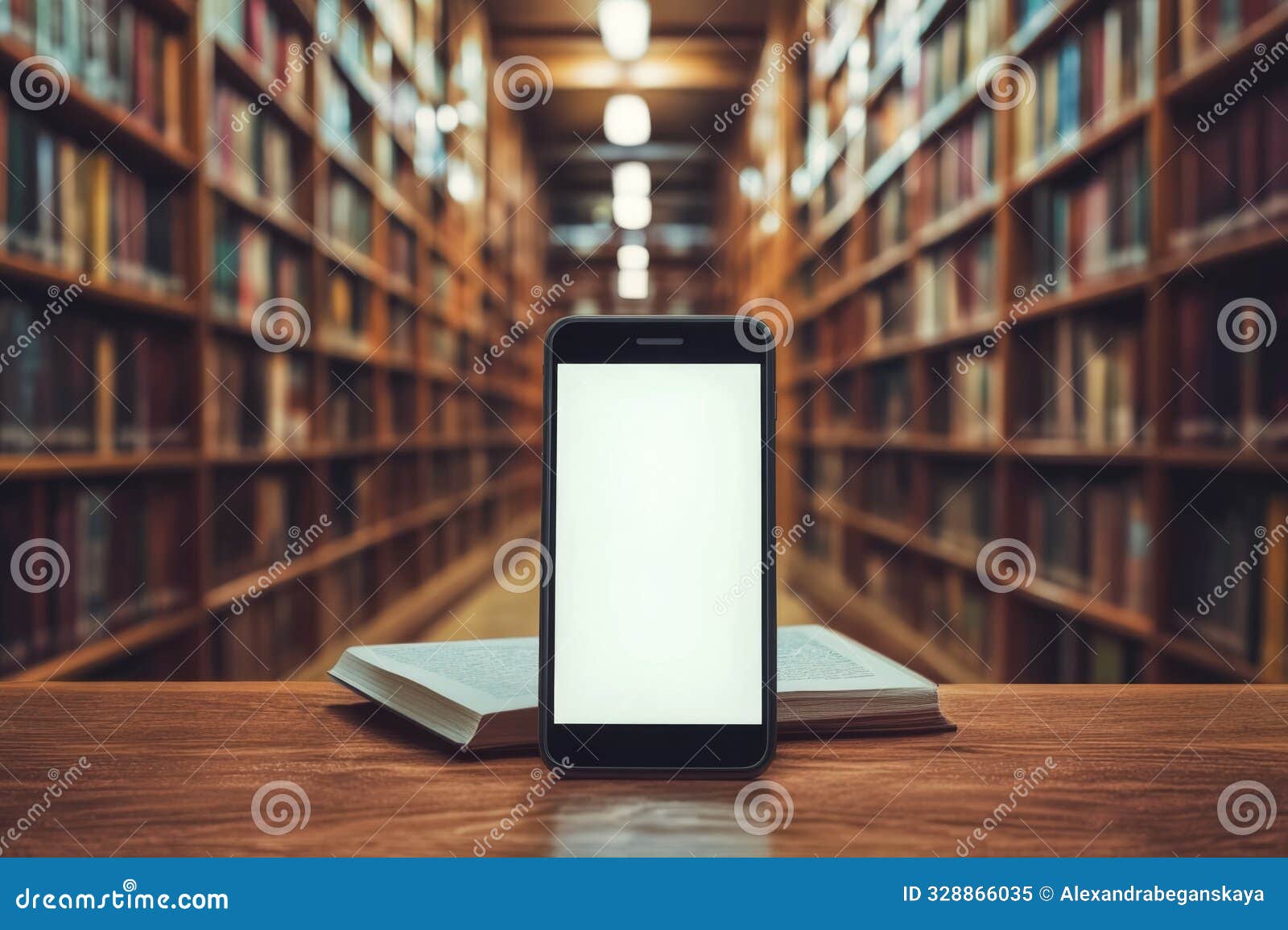 Smartphone with Blank Screen on Open Book in Library Stock Illustration ...