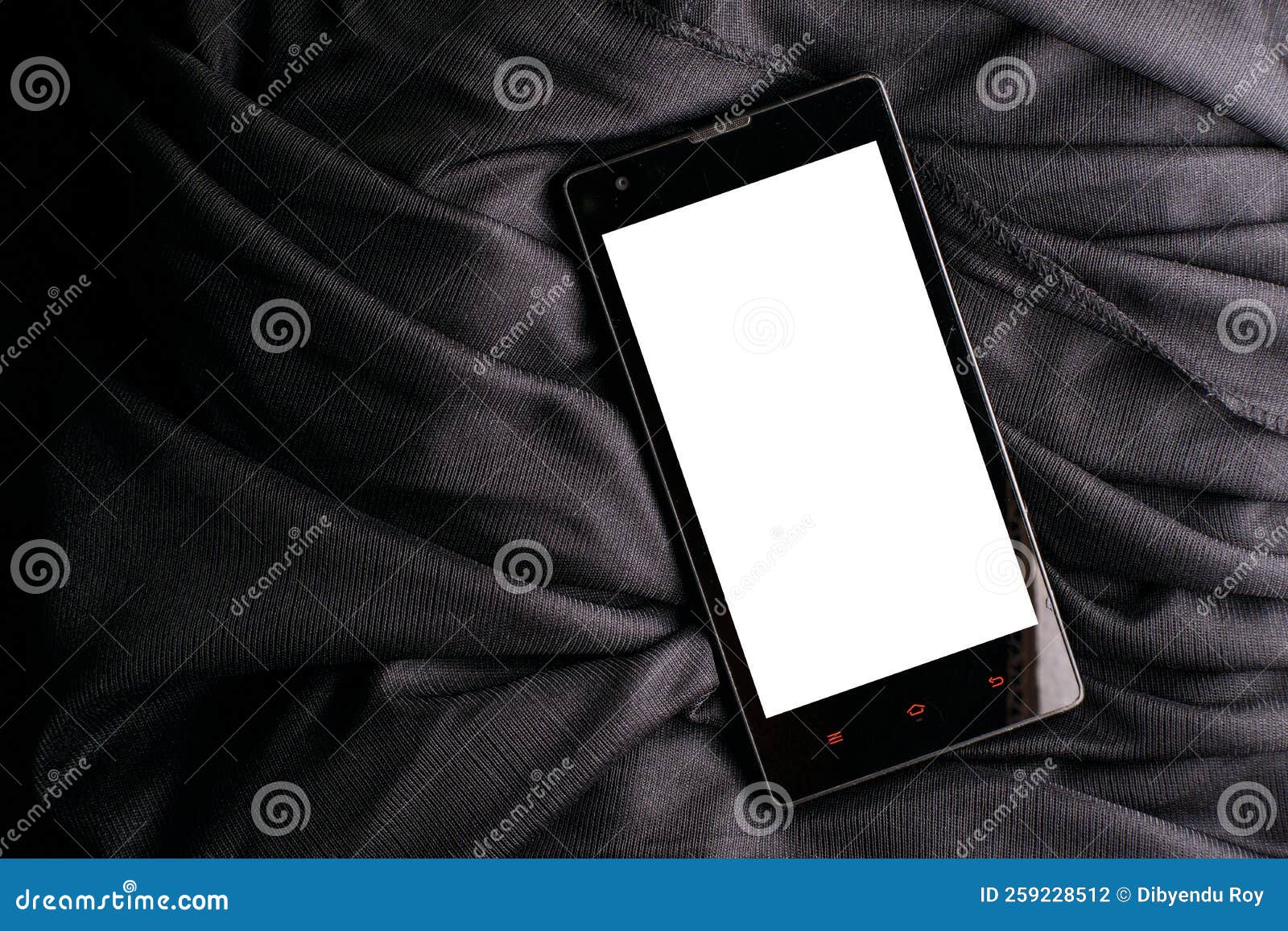 Smartphone with Blank White Display for Mockups on a Folded Satin Black ...