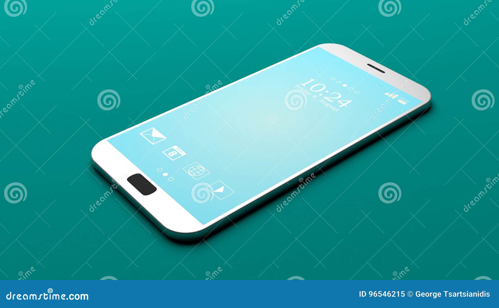Smartphone with Blue Screen on Green Background. 3d Illustration Stock ...