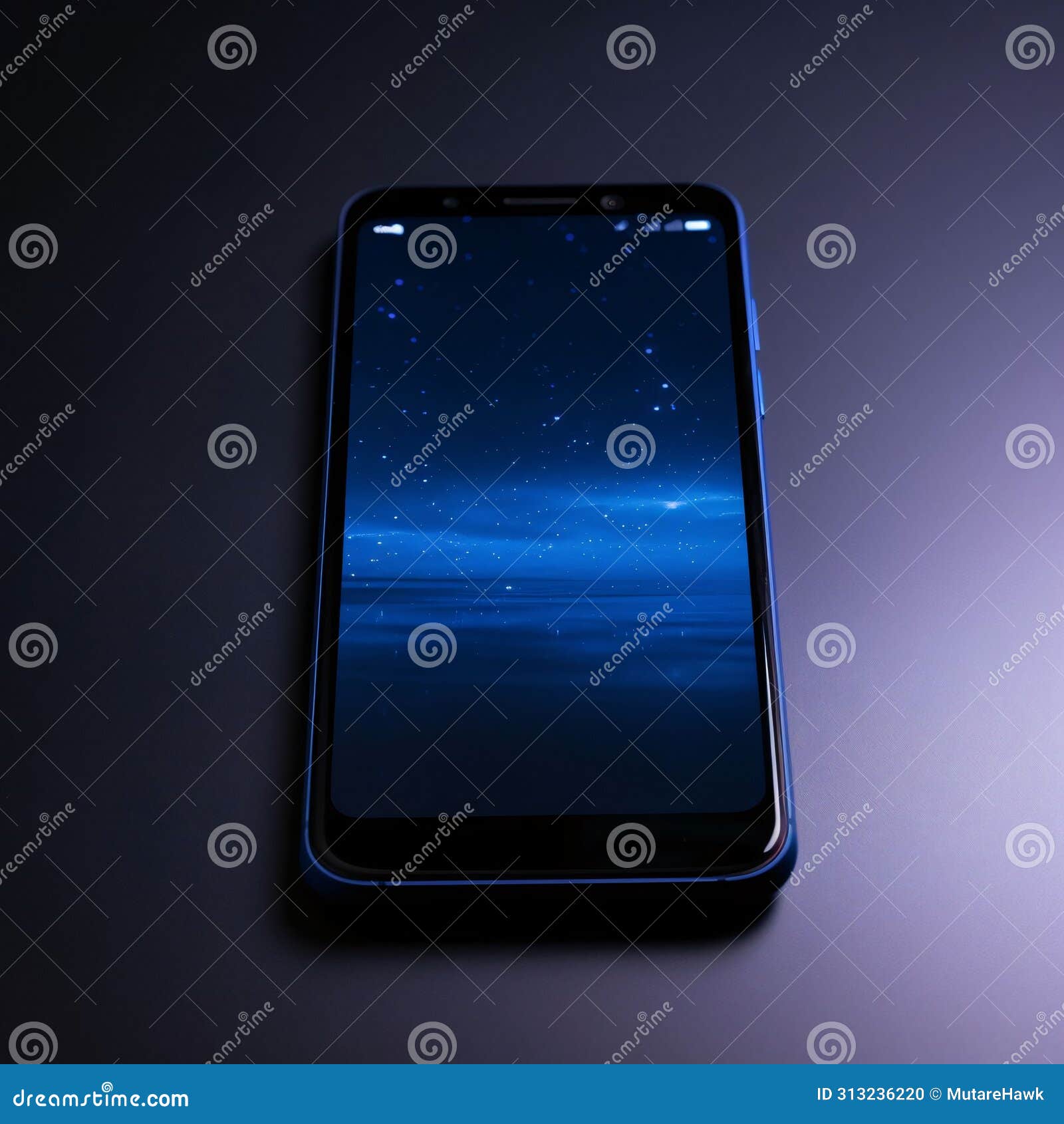 Smartphone with Blue Screen and Starry Night Sky on the Background ...