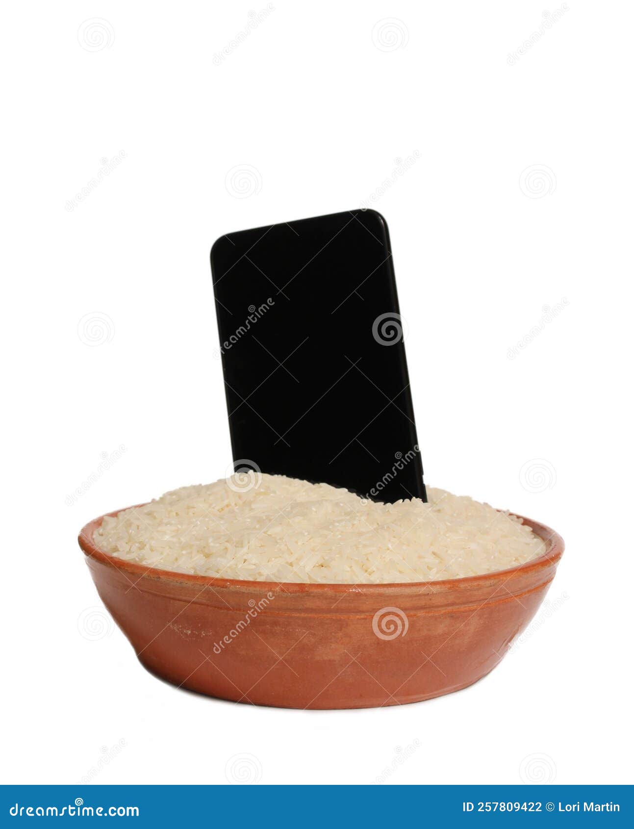 Smartphone in Bowl of White Rice To Remove Water from Phone Stock Photo ...