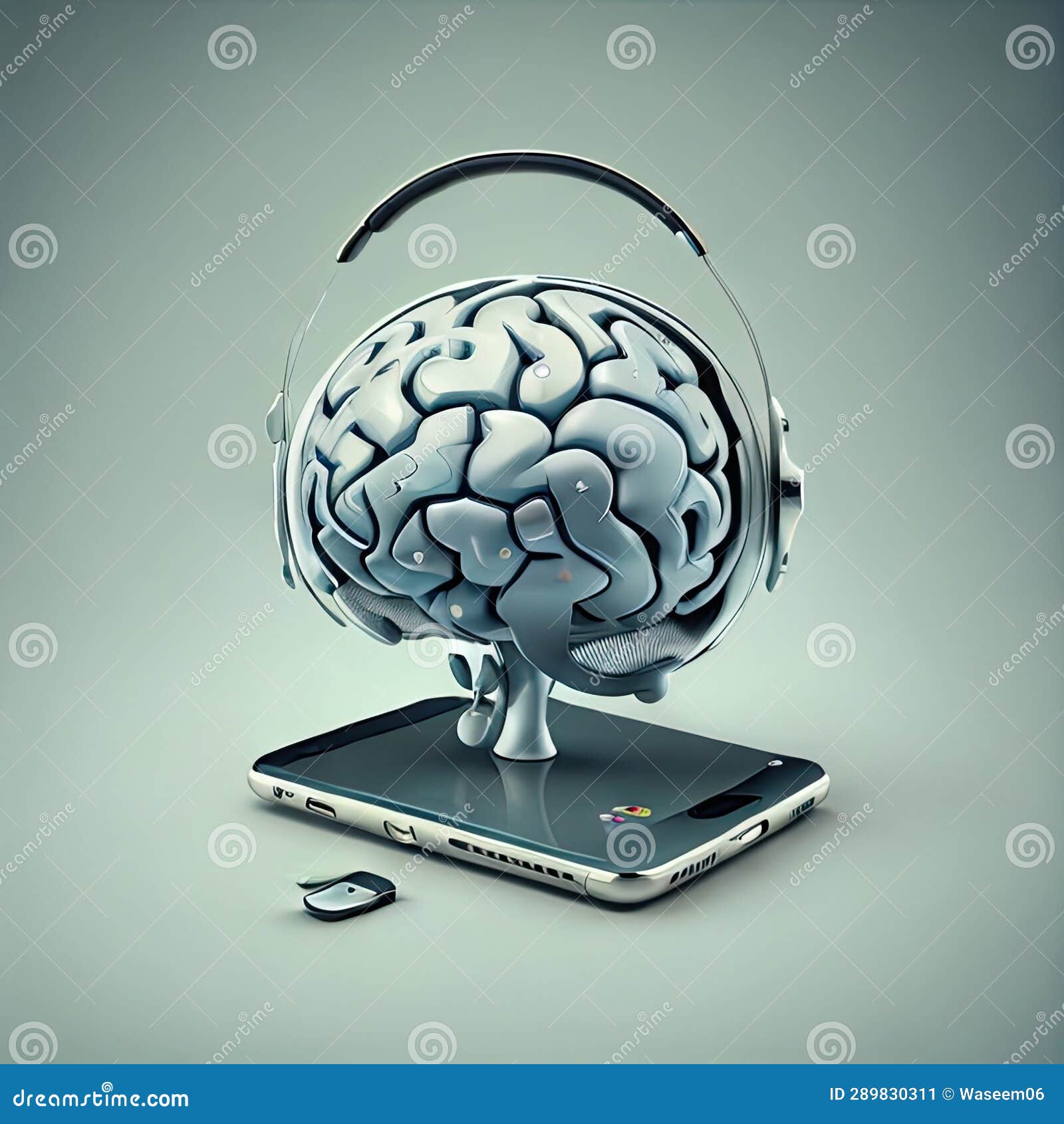 Smartphone with Brain and Headphones on a Gray Background Stock ...