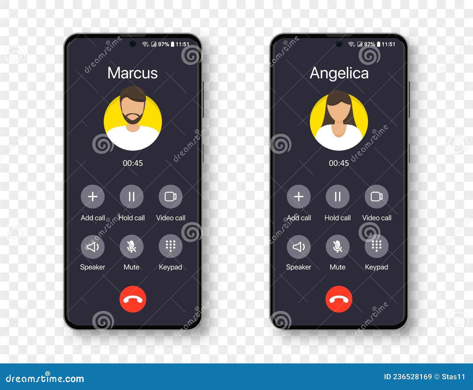 Smartphone Call App Interface Template with Man and Woman User Icon ...
