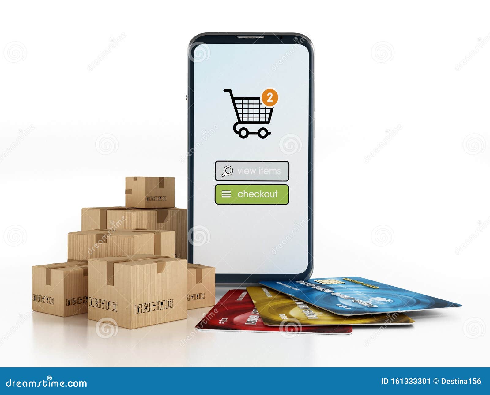 Smartphone, Cargo Boxes and Credit Card Isolated on White Background ...