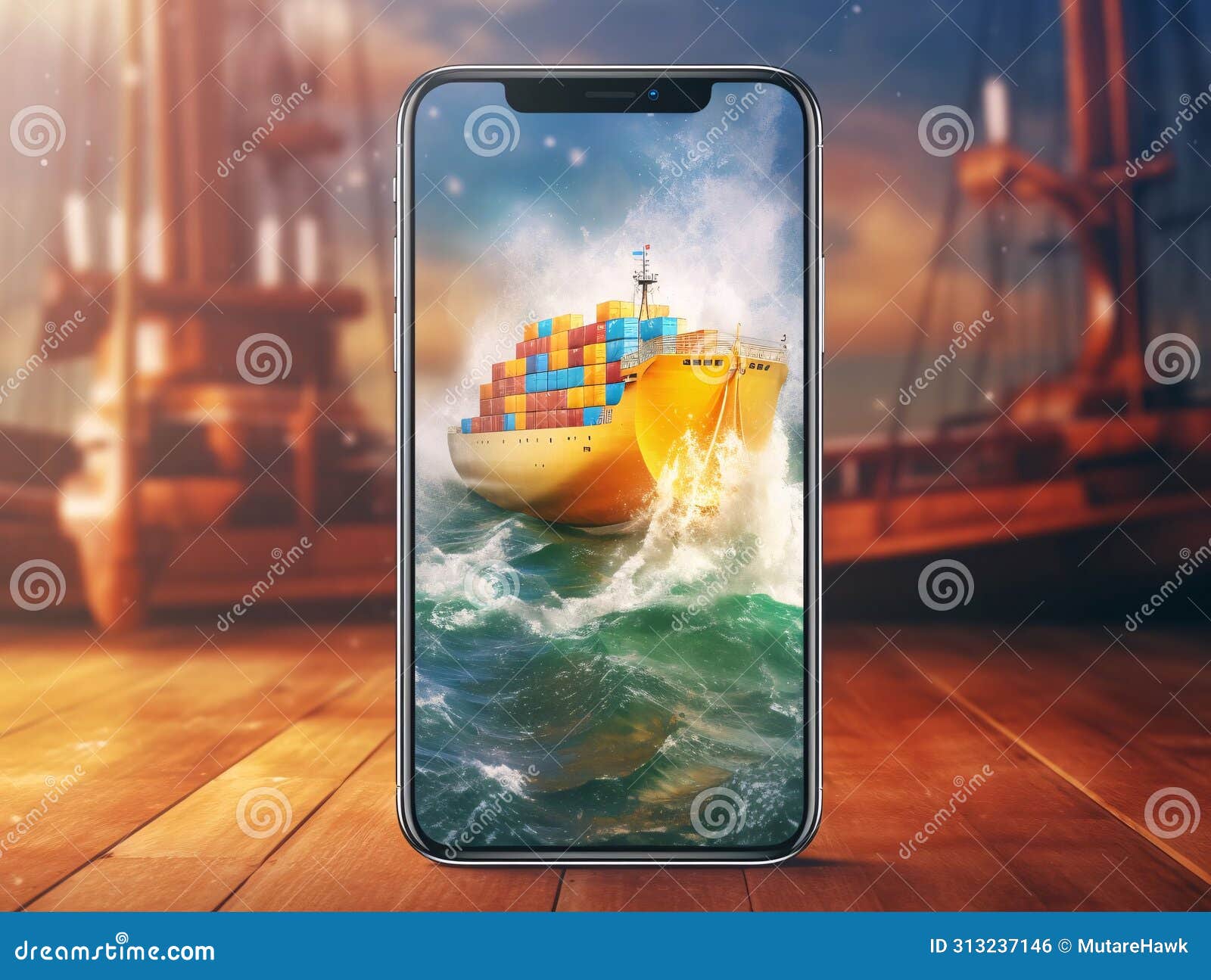 Smartphone with Cargo Ship on Screen. Shipping and Logistics Concept ...