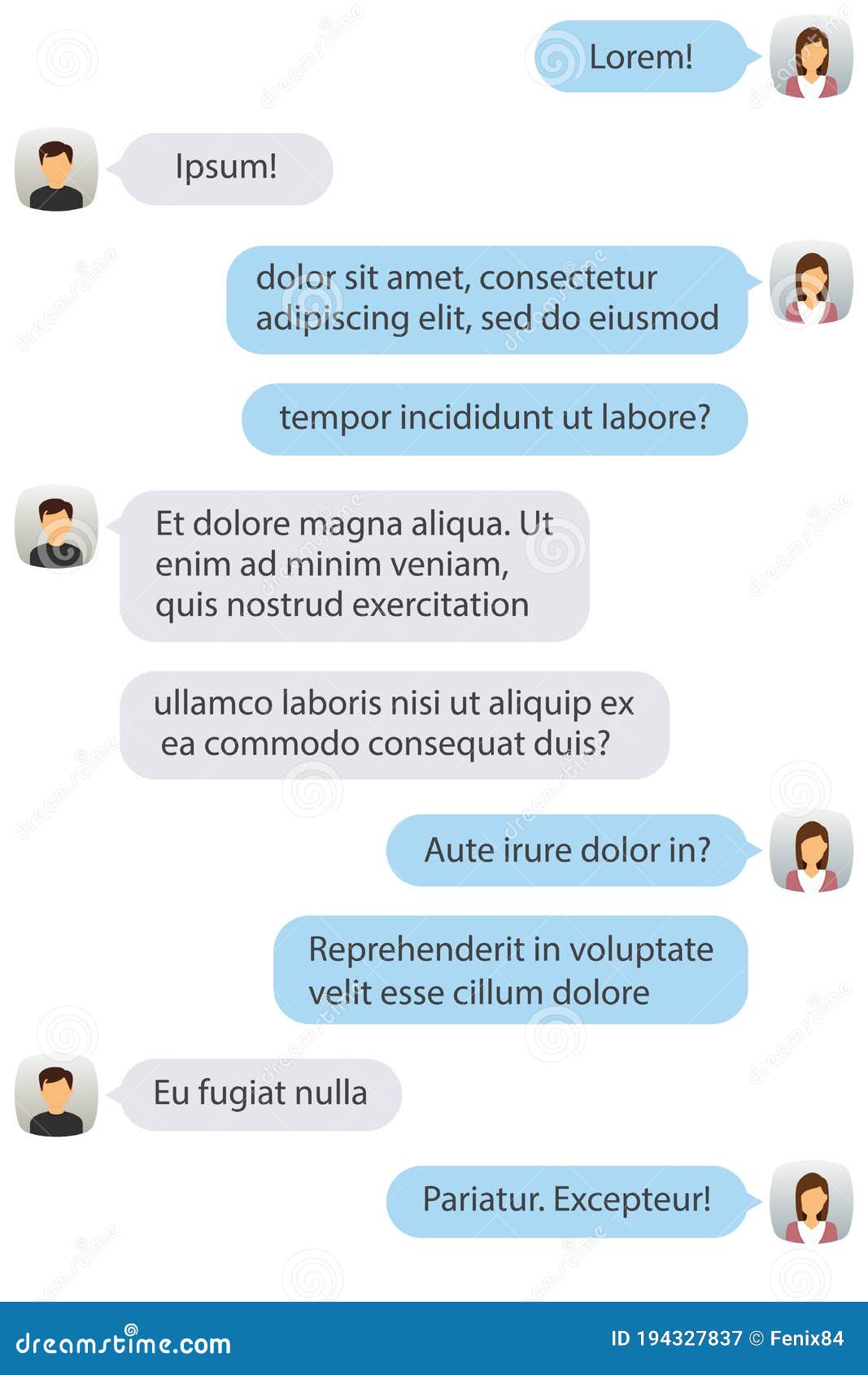 Smartphone Chat Template for SMS Dialogue with Lorem Ipsum Text Stock ...