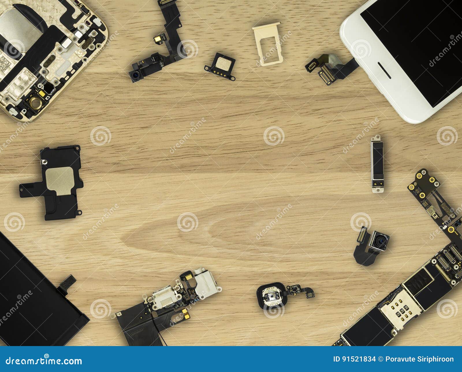 Smartphone Components on Wooden Background Stock Photo - Image of cover ...