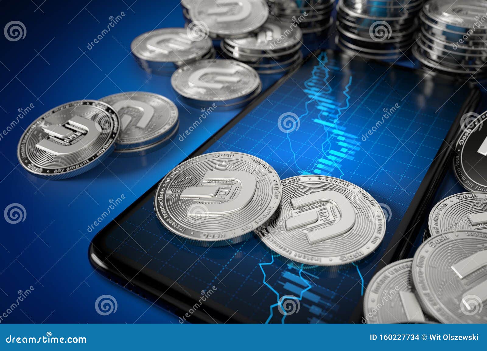 Smartphone with Dash Coin Trading Chart on-screen among Piles of Silver ...