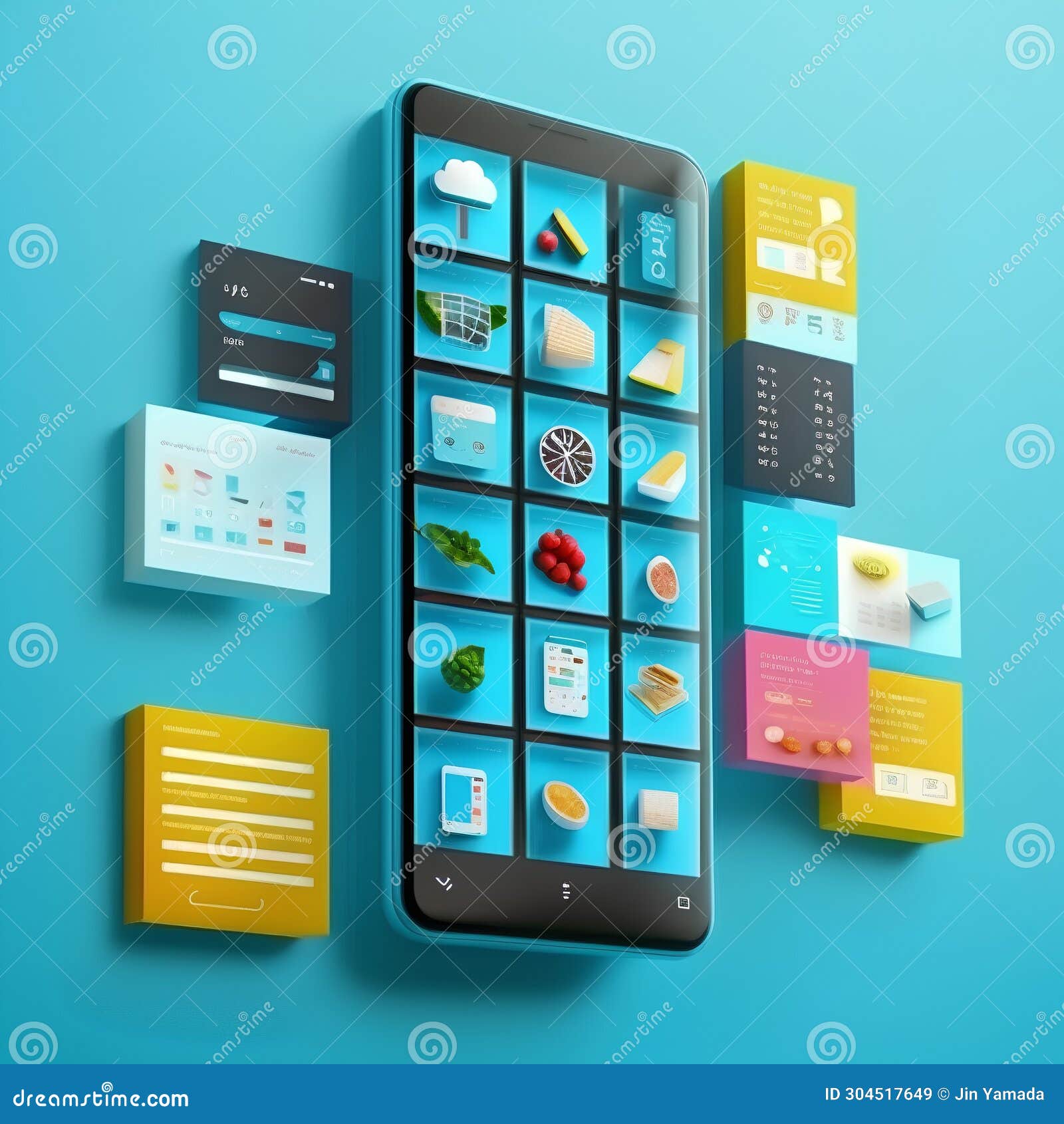Smartphone with Different Application Icons on Blue Background. 3d ...
