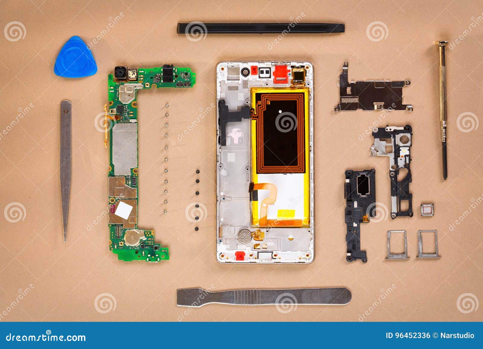 Smartphone Disassembled into Core Internal Items, Arranged. Stock Photo ...