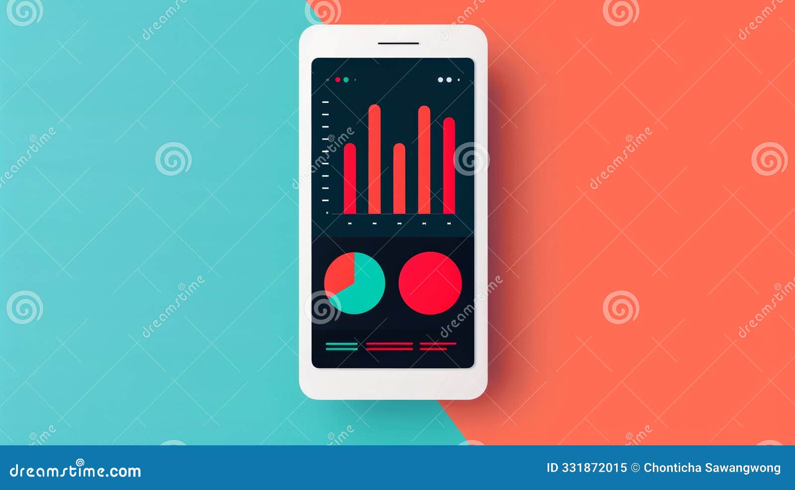 Smartphone Displaying Colorful Bar and Pie Charts on a Blue and Orange ...