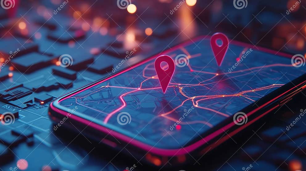 Smartphone Displaying 3D Map with Navigation Pins and GPS Tracking for ...
