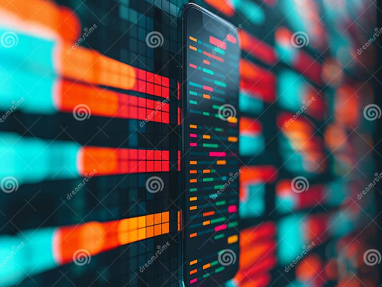 Smartphone Displaying Data Against Abstract Red and Blue Background - Modern Technology, Data ...