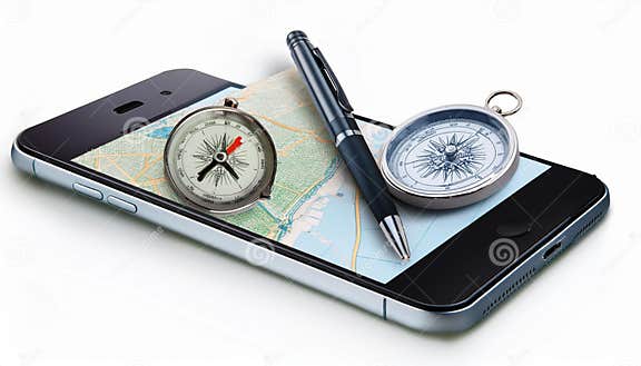 A Smartphone Displaying a Map with a Compass and a Pen, Symbolizing Traditional Navigation ...