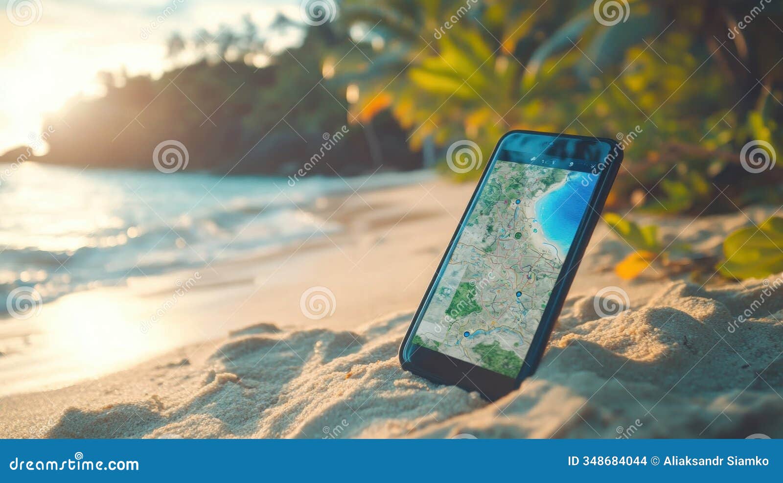 Smartphone Displaying Maps And Checkpoints With Scenic Beach Stock ...