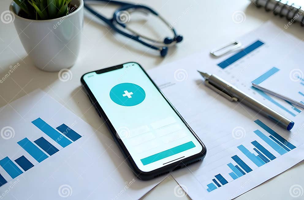 Smartphone Displaying Medical App on Desk Stock Illustration ...