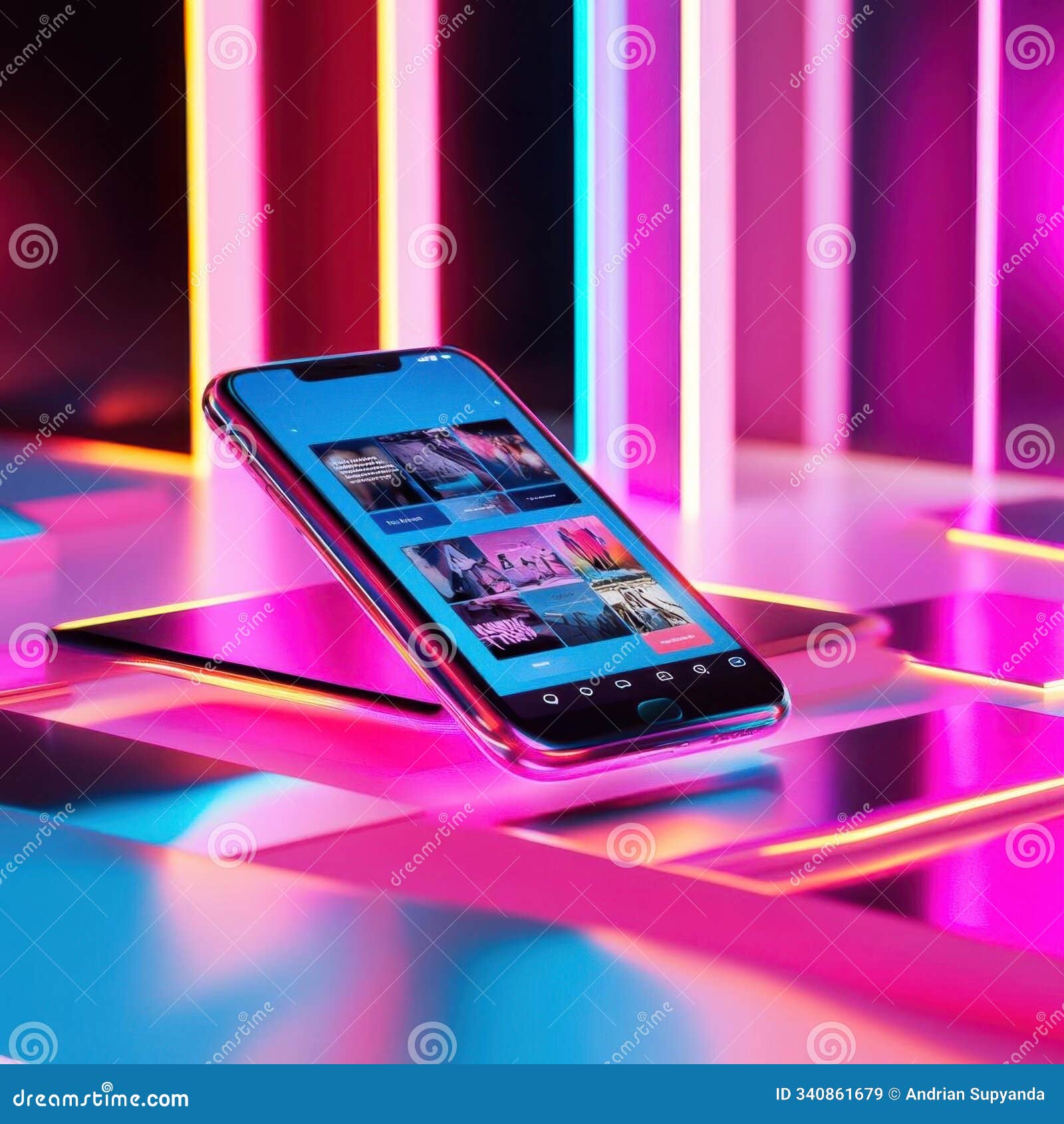 Smartphone Displaying Social Media App Interface With Neon Lights ...
