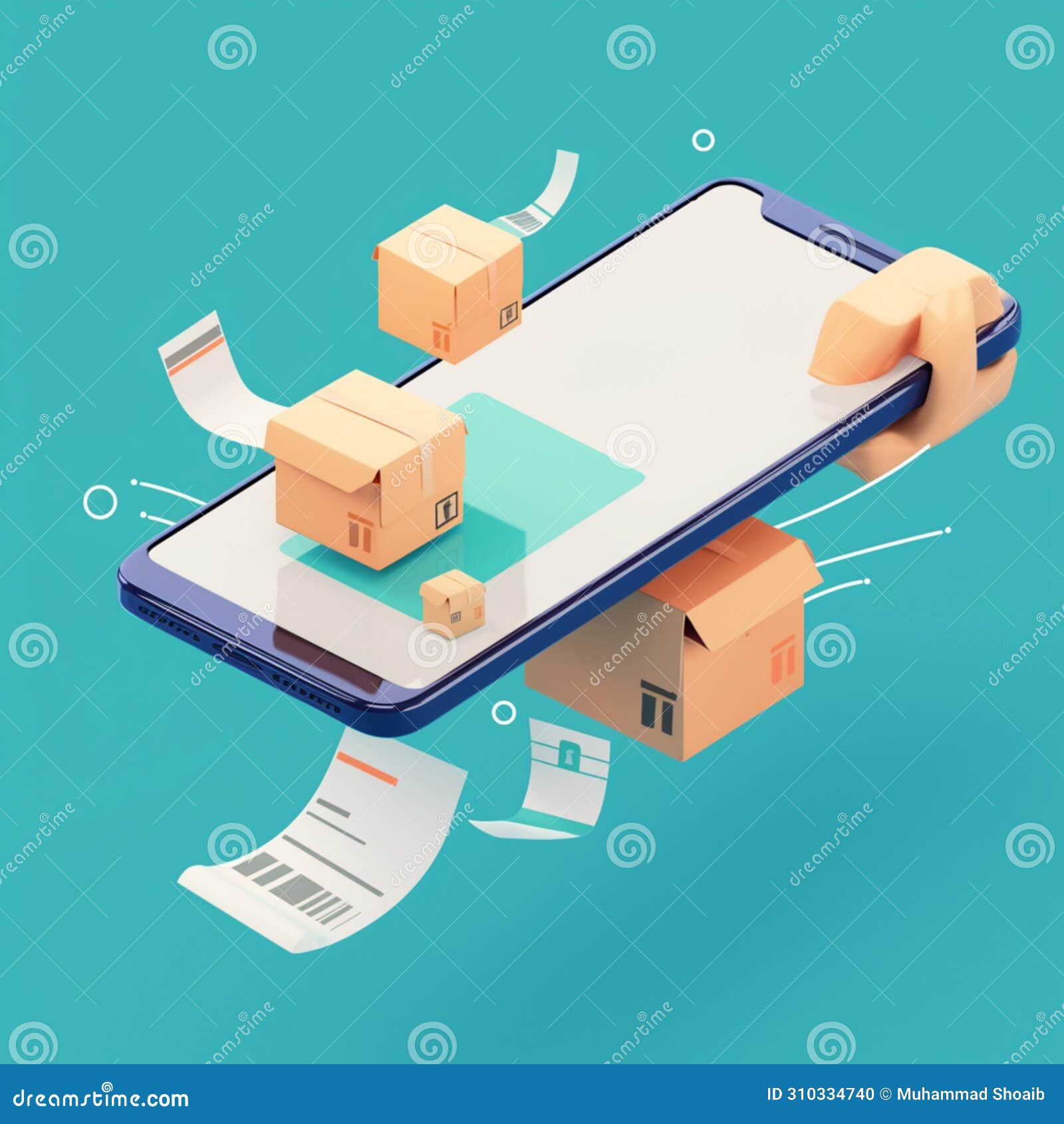 Smartphone Displays Blank Screen with Floating Parcel Boxes and Receipt ...
