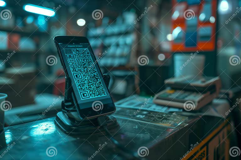 A Smartphone Displays a QR Code for Verification in a Modern Cafe Stock ...