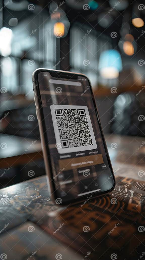 A Smartphone Displays a QR Code for Verification in a Modern Cafe Stock ...