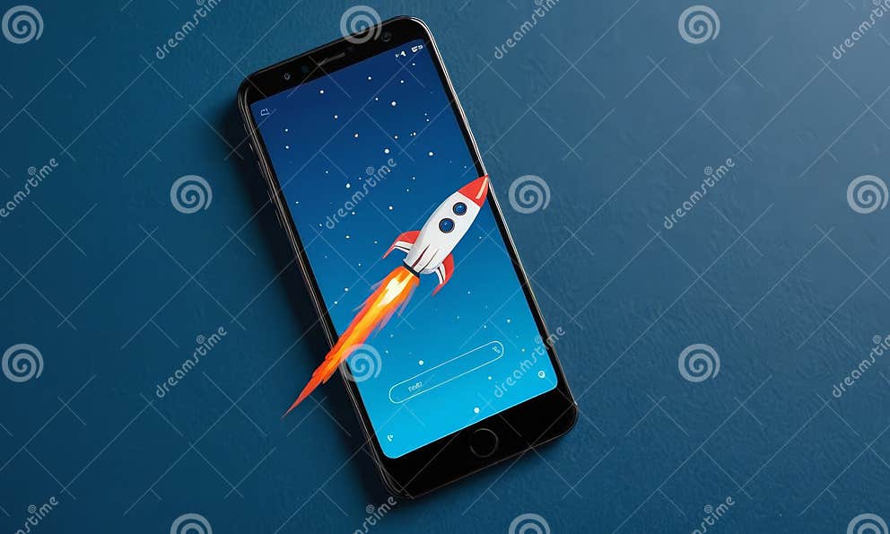 Smartphone Displays Rocket Ship on Its Screen, with Blue Background and ...