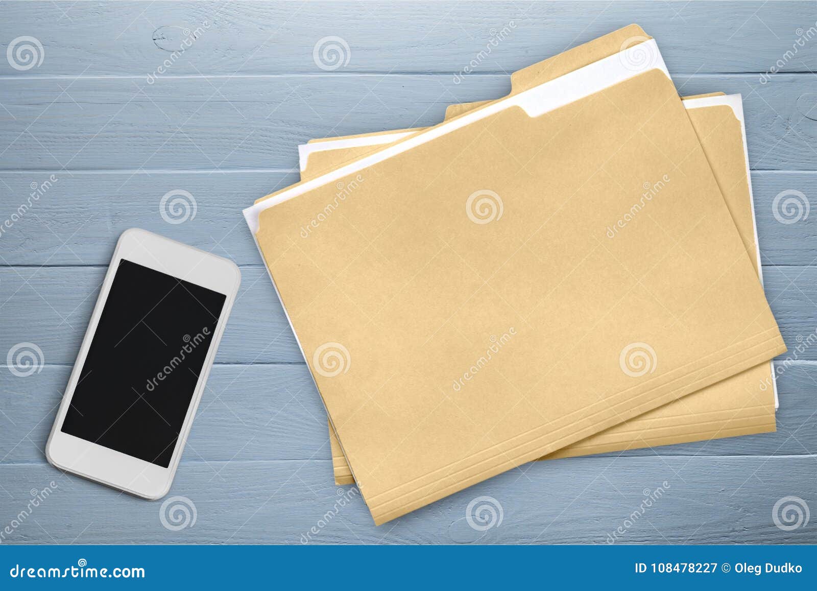 Smartphone and Document Folders on Wooden Stock Image - Image of call ...