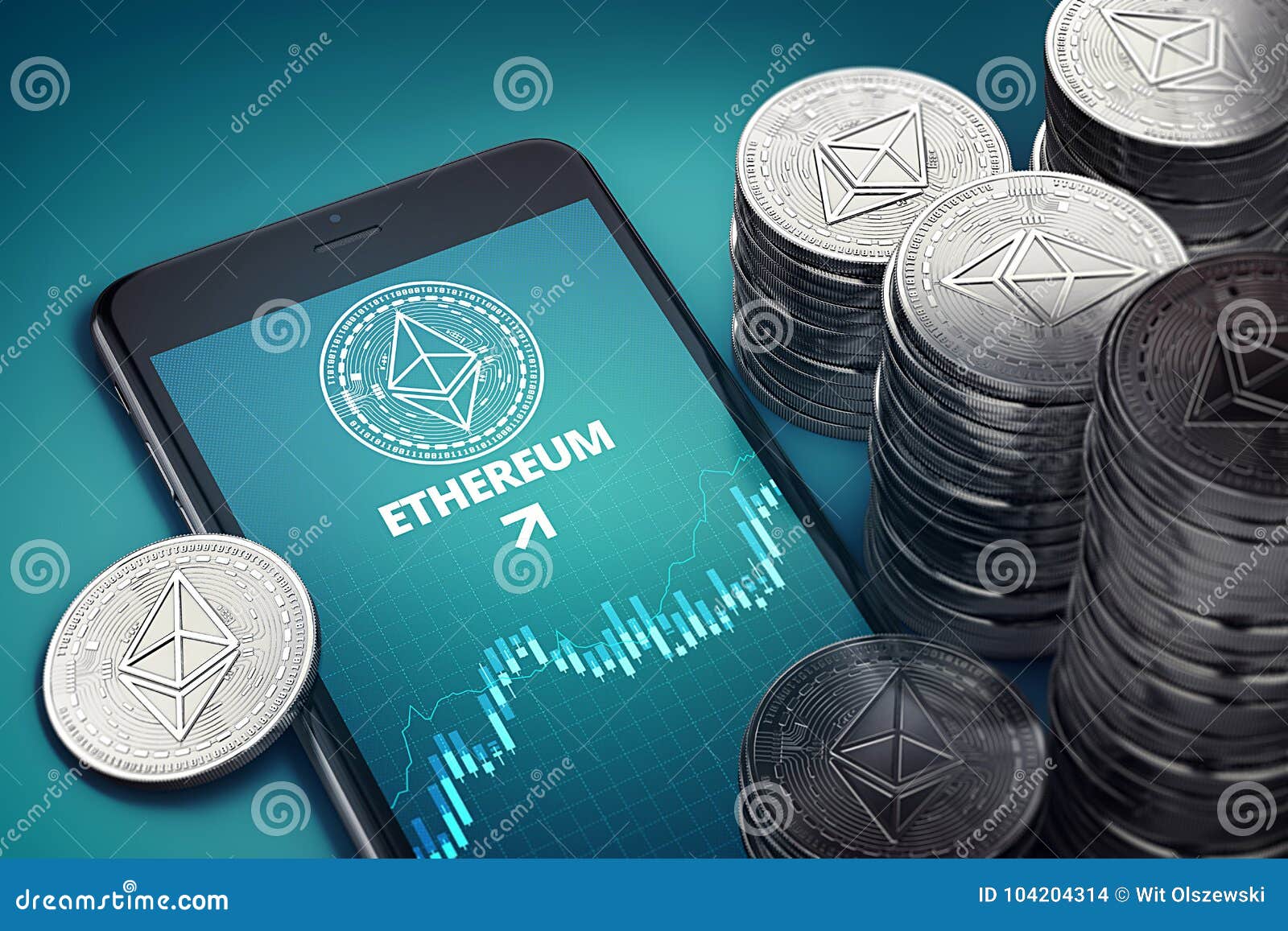 Vertical Smartphone with Ethereum Growth Chart on-screen among Piles of ...