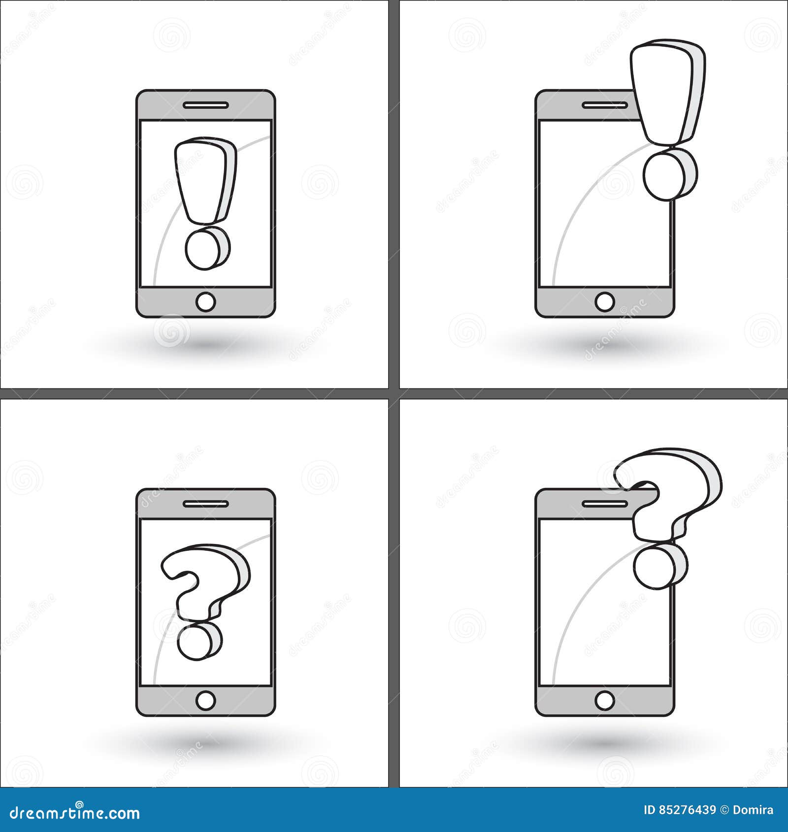 Smartphone with Exclamation Sign, Question Mark. Black and White Set ...