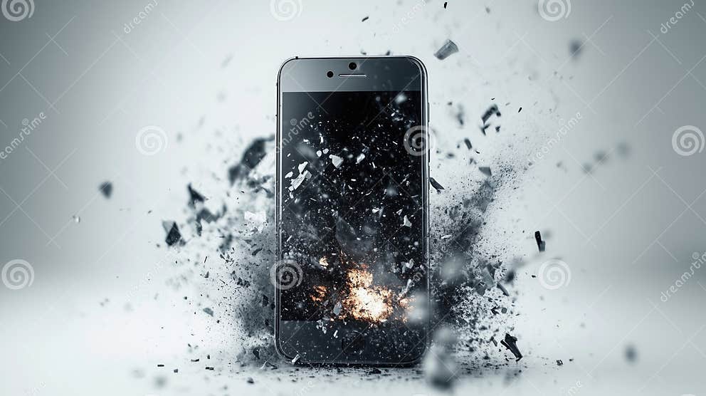 Smartphone Exploding with Shattered Glass and Debris in Motion. Stock ...
