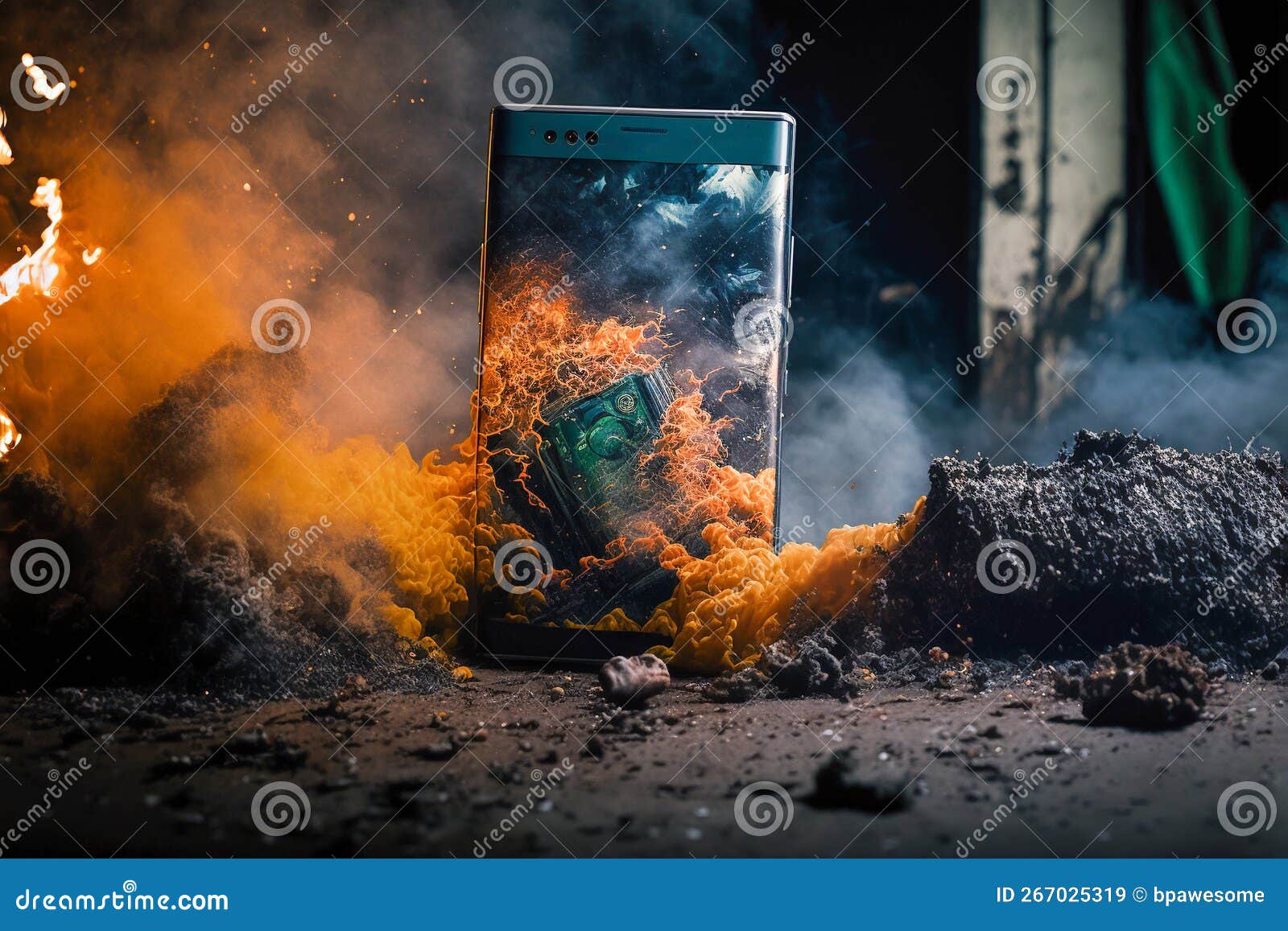 A Smartphone on Fire after Battery Explosion, Generative AI Stock ...