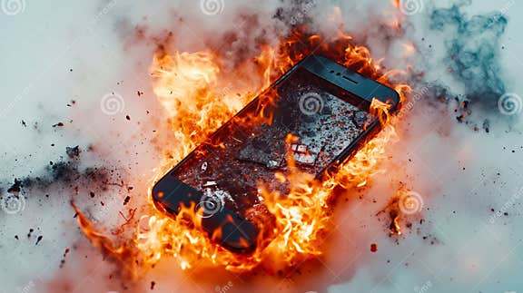 A Burning Cell Phone on Fire on a White Surface Stock Image - Image of ...