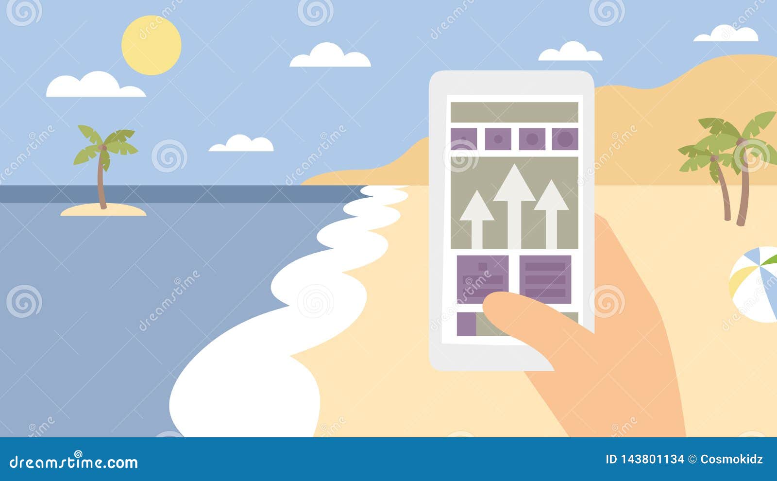 Smartphone in First Person View on Beach Vector Illustration in Flat ...