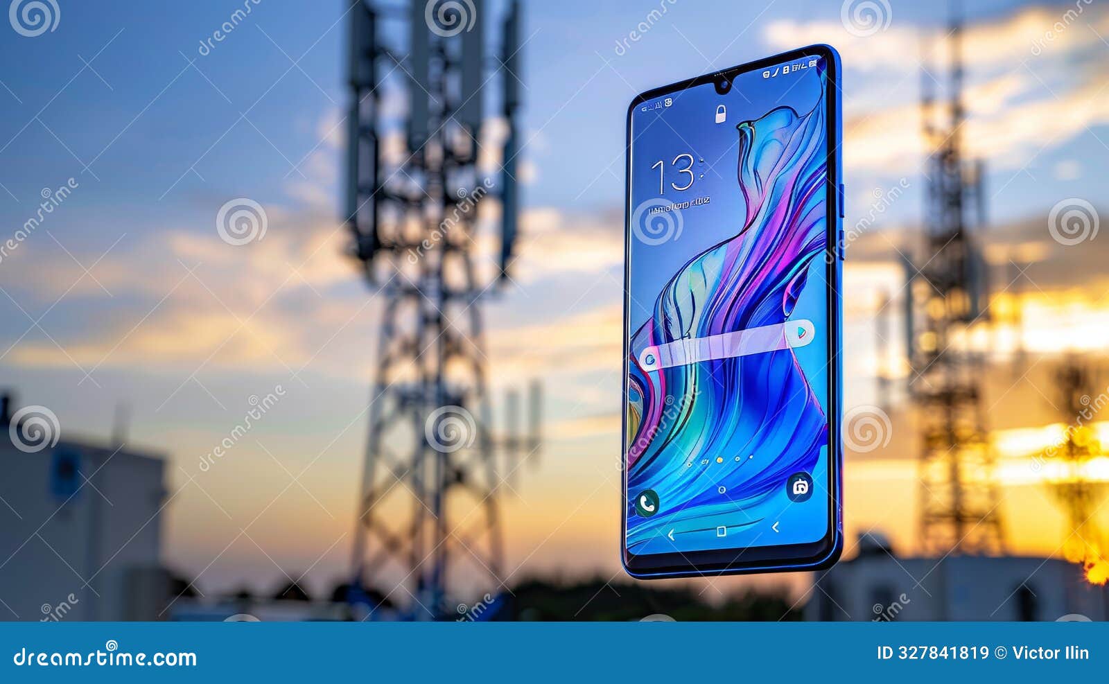 Smartphone Floating with Blue Screen, Cell Tower Silhouette in Blurred ...