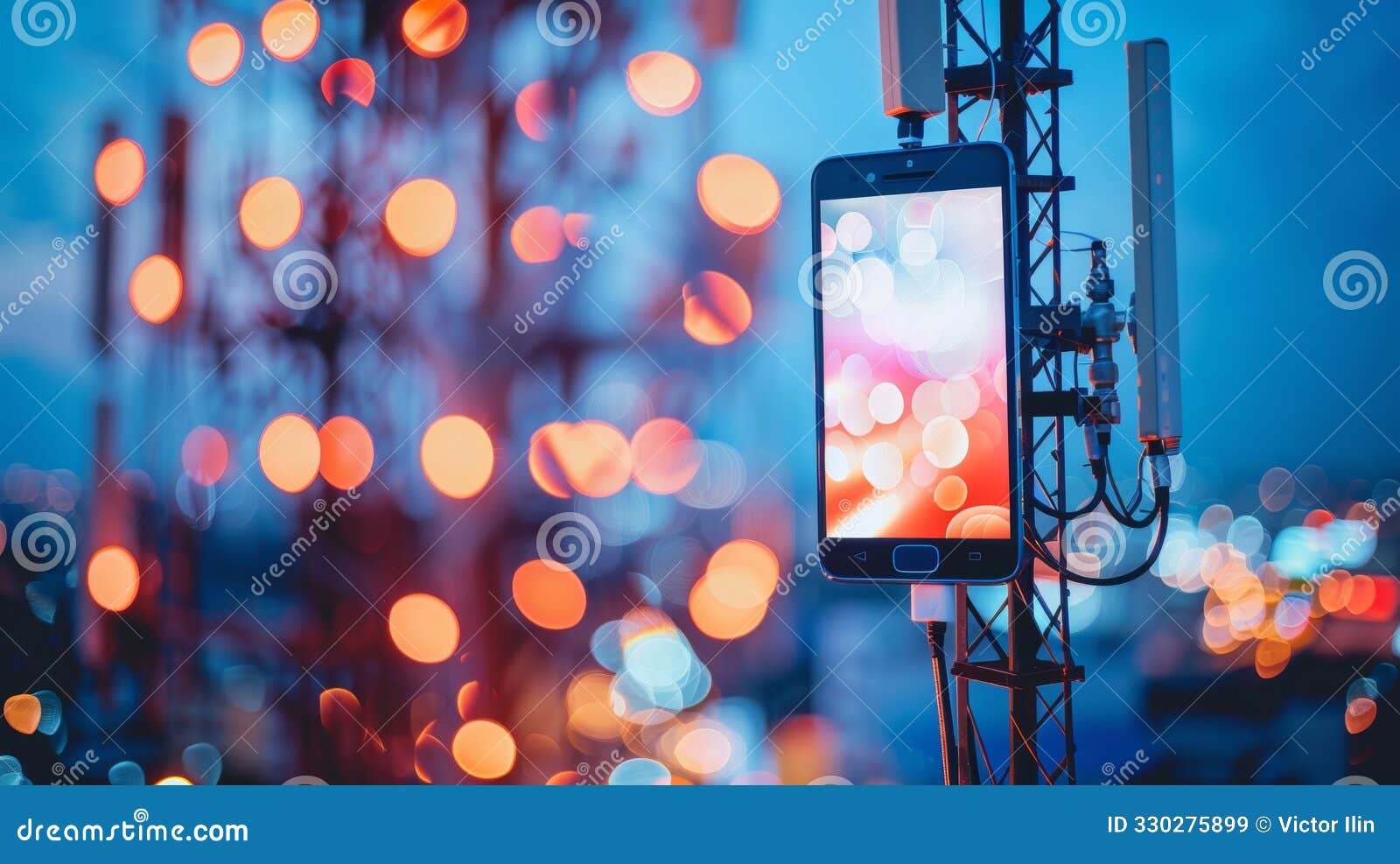 Smartphone Floating with Multicolored Screen, Cell Tower Silhouette in ...