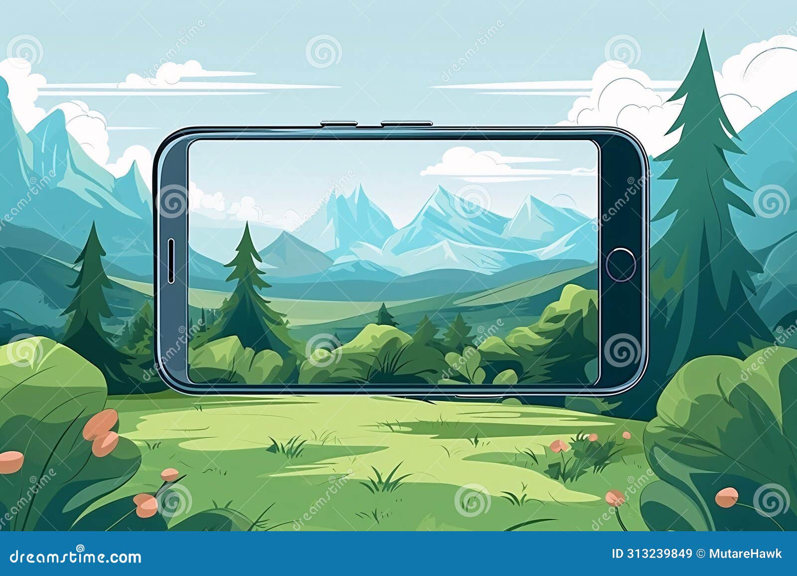 Smartphone in the Forest with Mountains on the Background. Vector ...