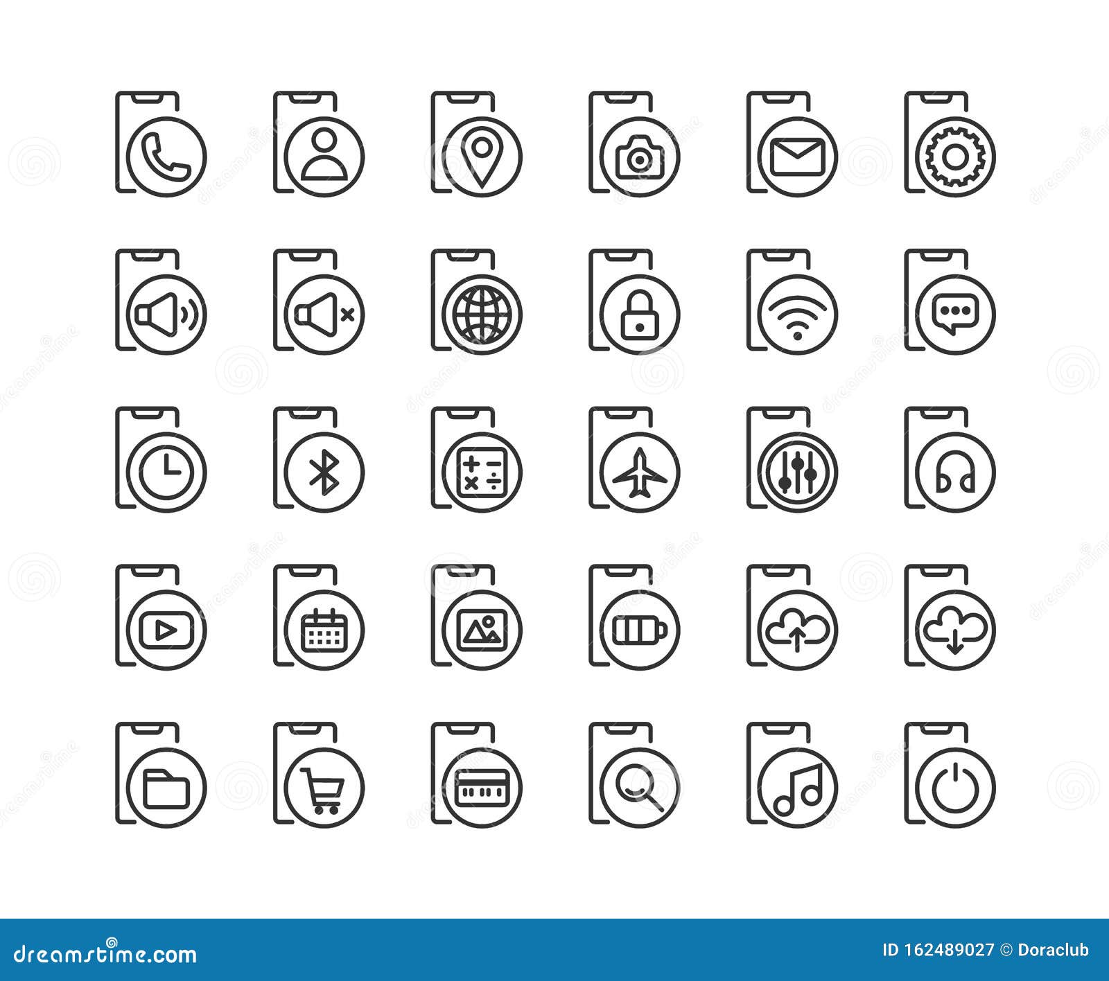 Smartphone Functions and Apps Outline Icon Set. Stock Vector ...