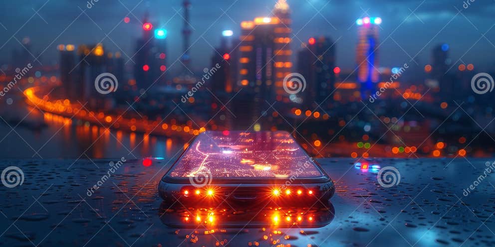 Smartphone with a Glowing Interface Reflecting a Vibrant Cityscape at ...