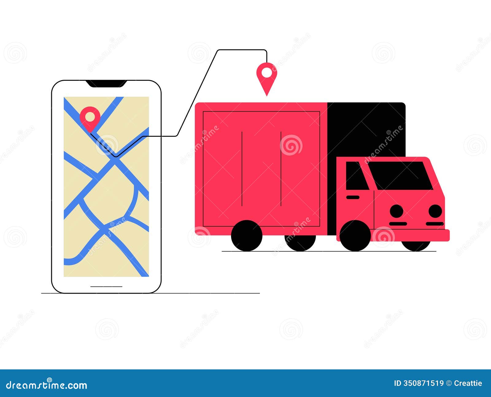 Smartphone with GPS Map and Delivery Truck in Flat Vector Illustration ...