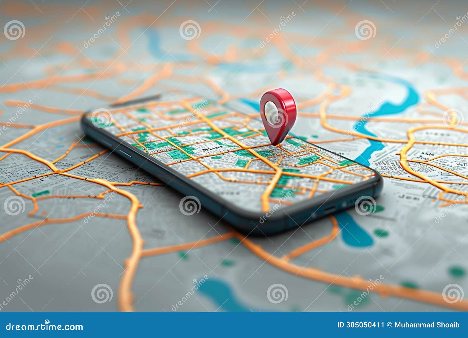 Smartphone with GPS Map, Marked with Vivid Red, Blue, Yellow Stock ...