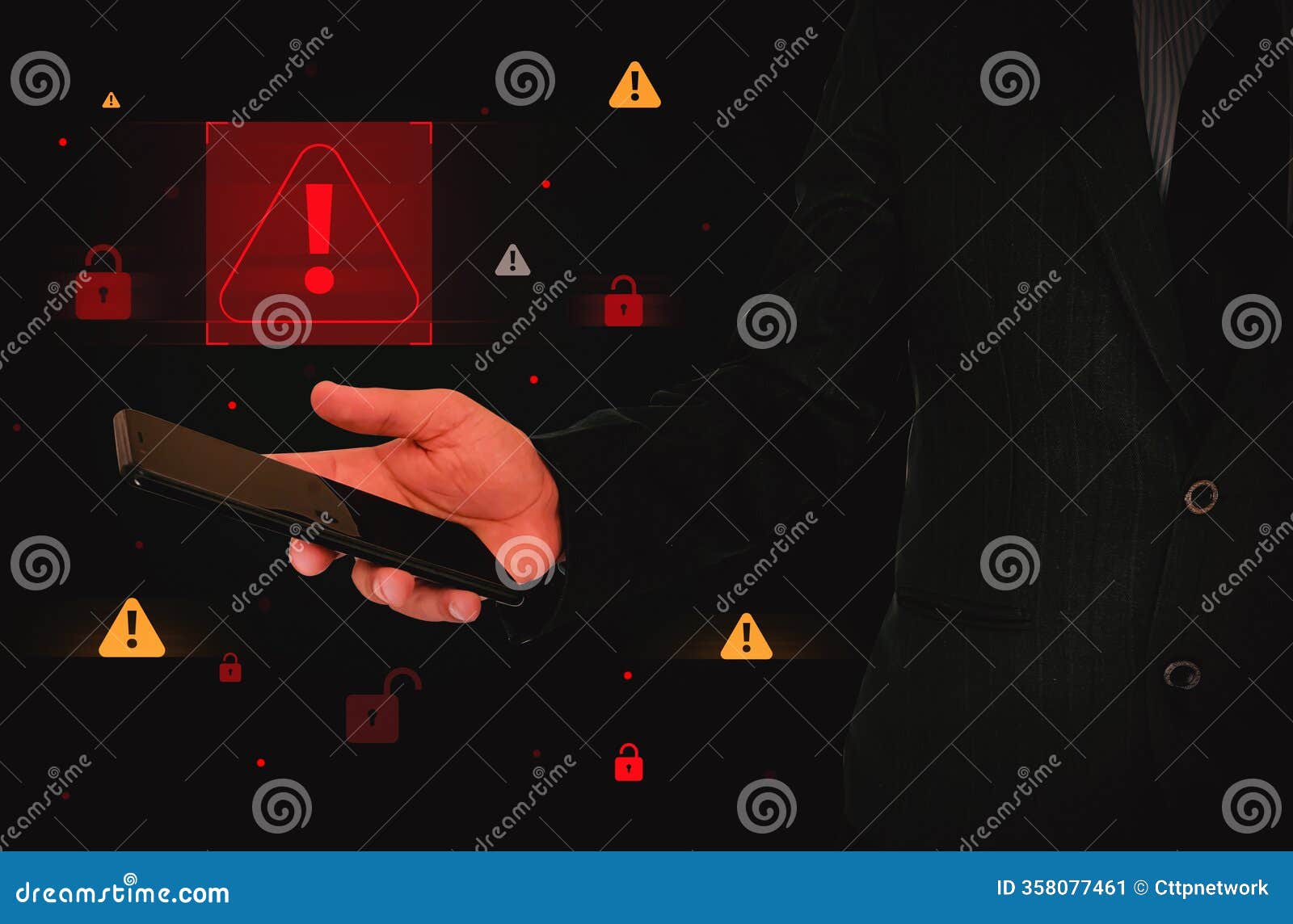 Smartphone Hacking And Warning Concept Background With Floating Red ...