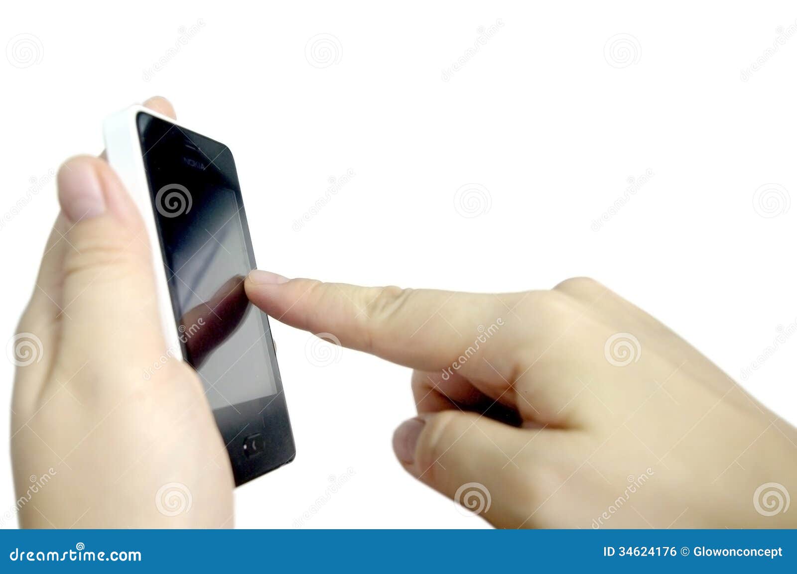 Smartphone with Hand and Finger Press Stock Photo - Image of electric ...