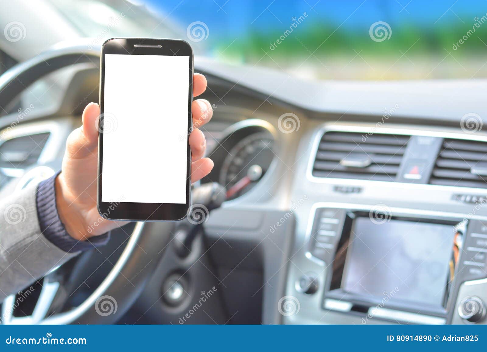Smartphone Held by Man Inside a Car while Driving Stock Photo - Image ...