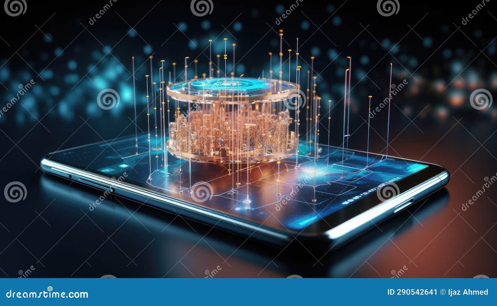 Smartphone with High Tech Hologram on Dark Background 3D Rendering ...