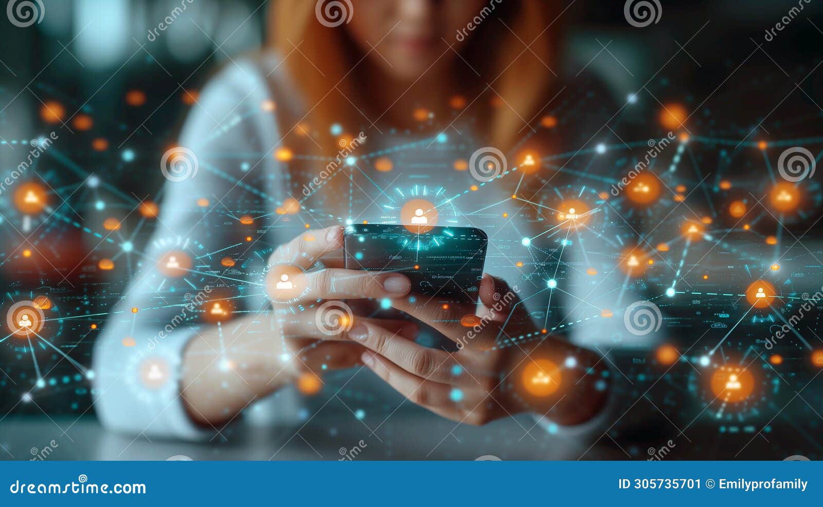 Smartphone with Holographic Contact Icons in Hand Stock Illustration ...