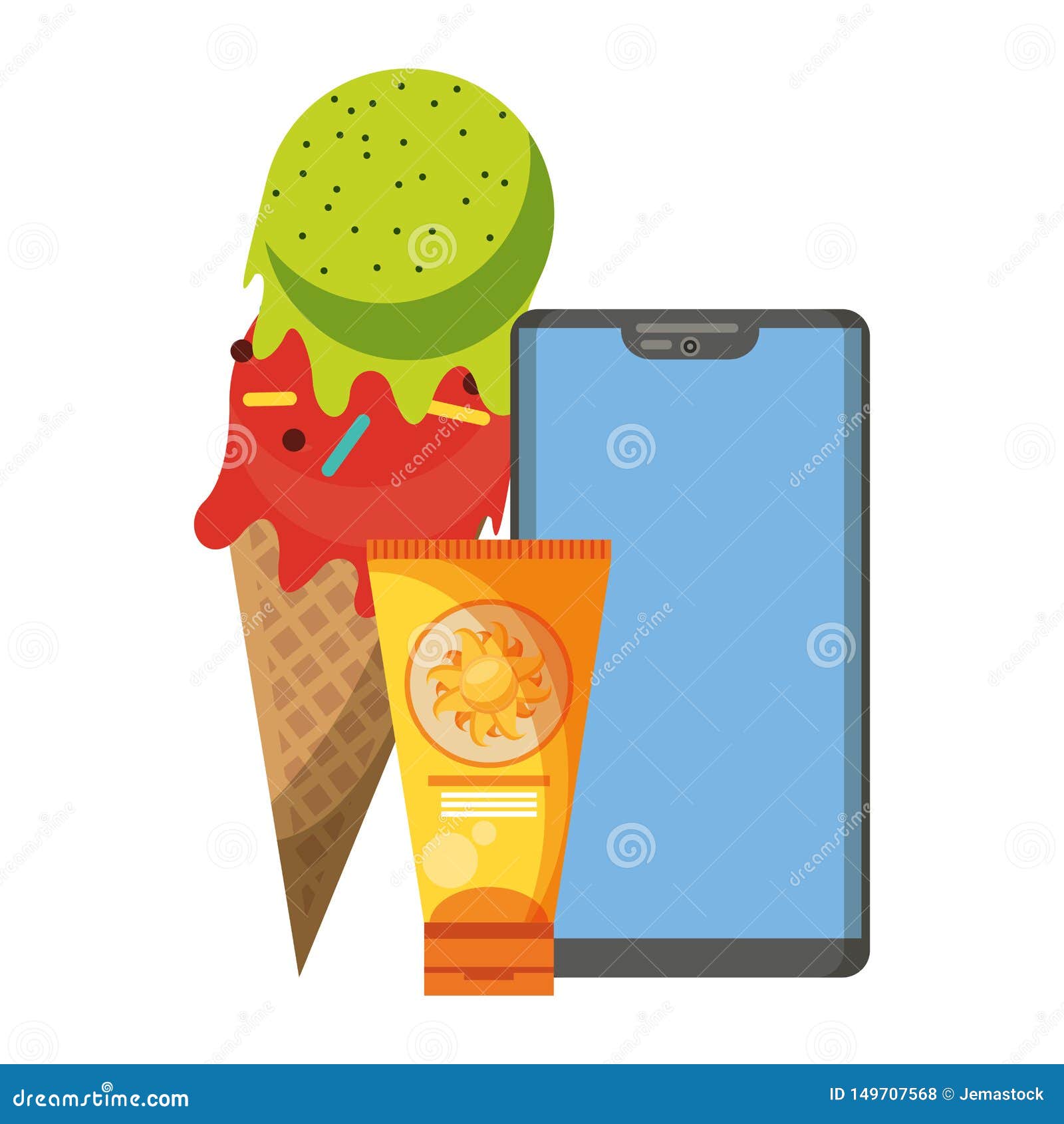 Smartphone and Ice Cream with Sun Bronzer Cartoon Stock Vector ...