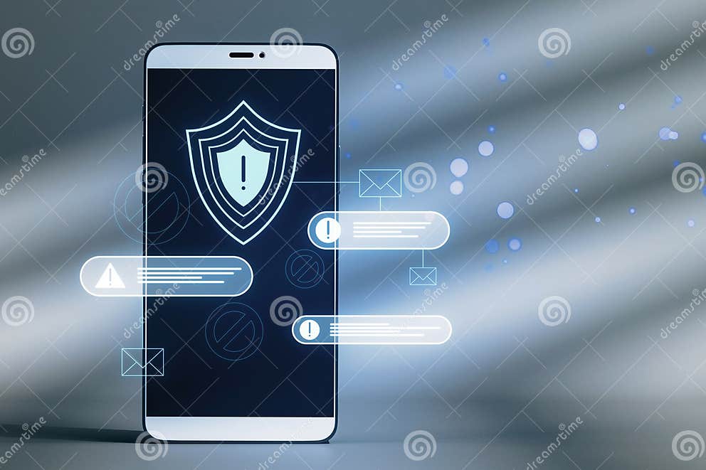 Smartphone Interface with Security Icons on a Blue Abstract Background ...