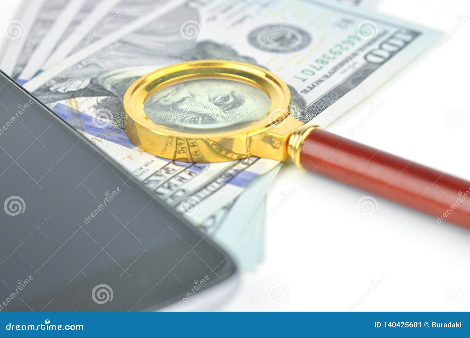 Smartphone and Magnifying Glass and Money. Success Concept Stock Image ...